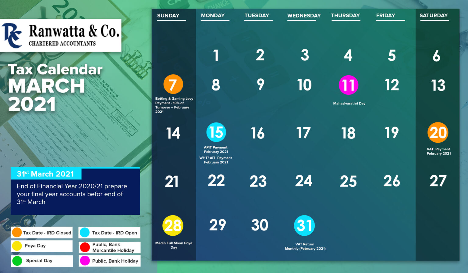 Tax Calendar in Sri lanka 2021 | Ranwatta & Co
